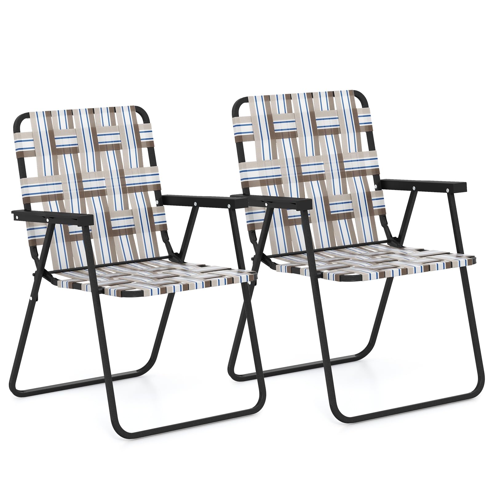 GYMAX Folding Chair, Patio Lawn Chair Set with Armrest, Indoor/Outdoor 2 Pack Webbed Lightweight Dinning Chair, Portable Beach Chair for Outside, Poolside, Backyard (Coffee, 2)