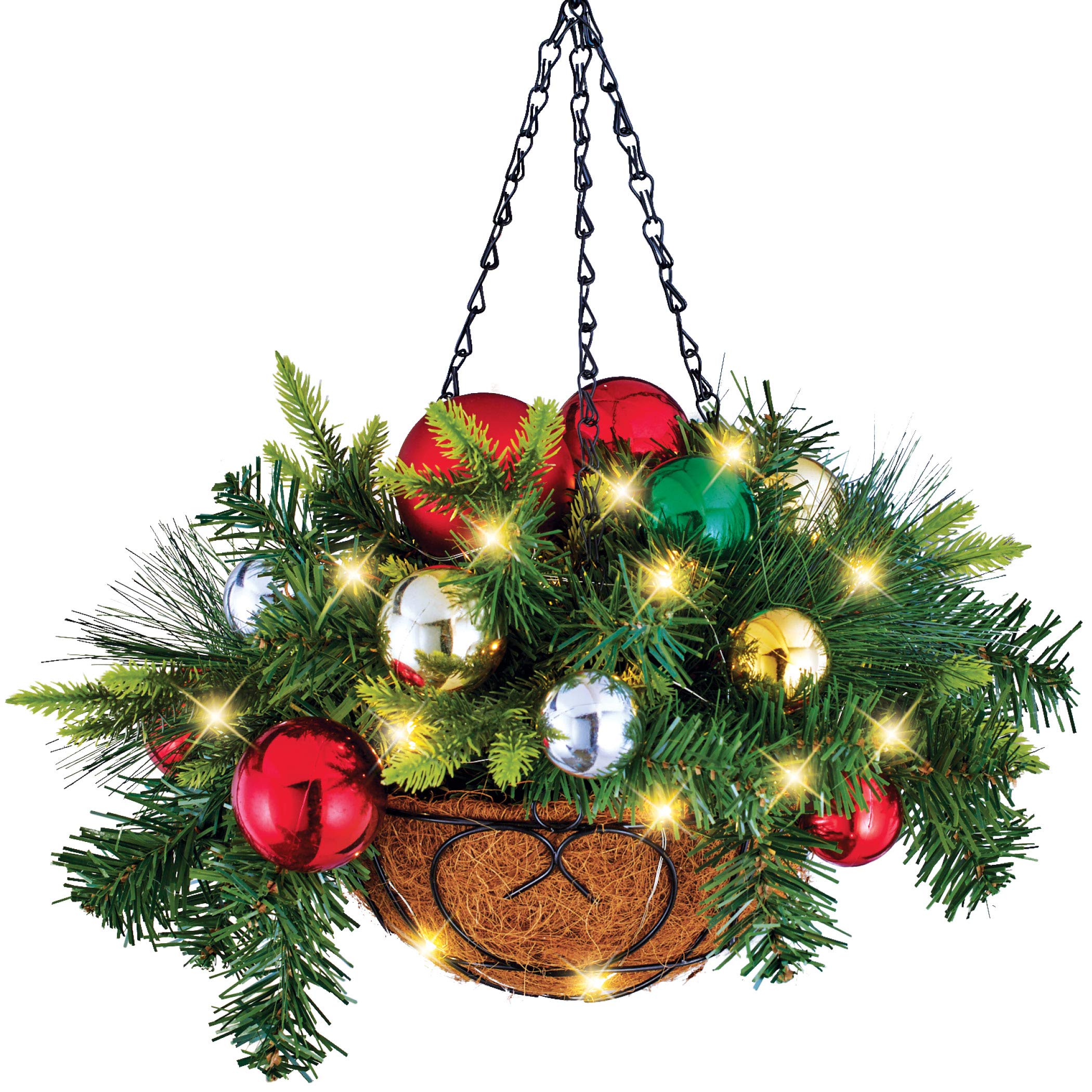 Collections Etc Lighted Ornament Hanging Basket Arrangement with Hook and 6 Hour Timer - Outdoor Holiday Decoration