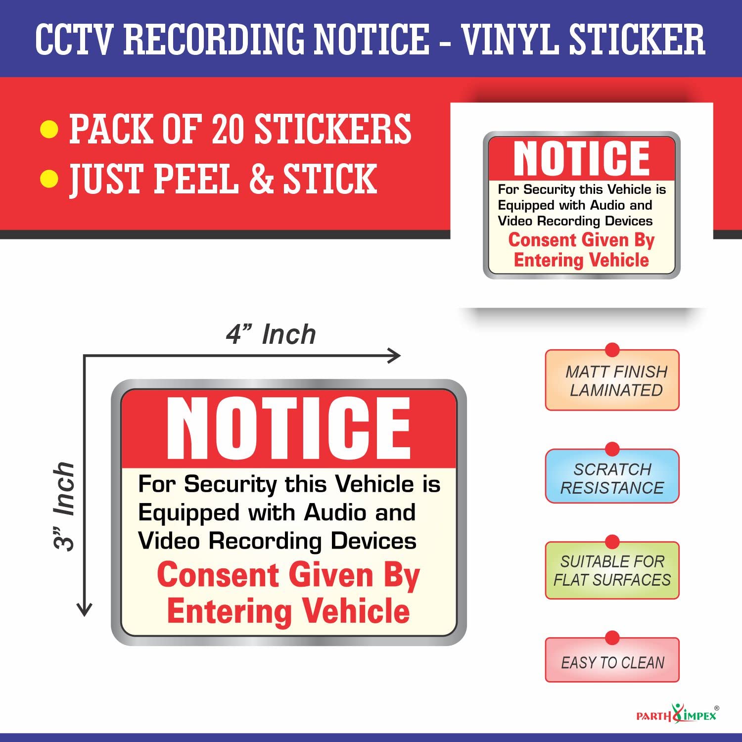 Notice Vehicle is Equipped with Audio and Video Recording Devices Consent by Entering Sticker - (Pack of 20) 4"x3" Large CCTV Surveillance Warning Sign Laminated Vinyl Decal