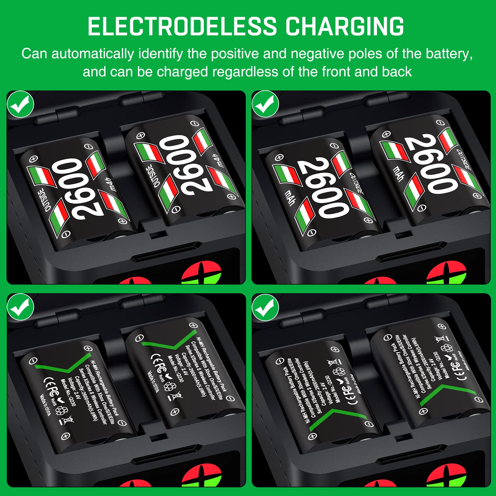 Controller Battery Pack with 4x2600mAH(6240mWH) Rechargeable Batteries for Xbox Series X/S/Xbox One X/S/Elite Controllers,Electrodeless Charging Station,Batteries Not Fall Off,Easy Storage,Dustproof