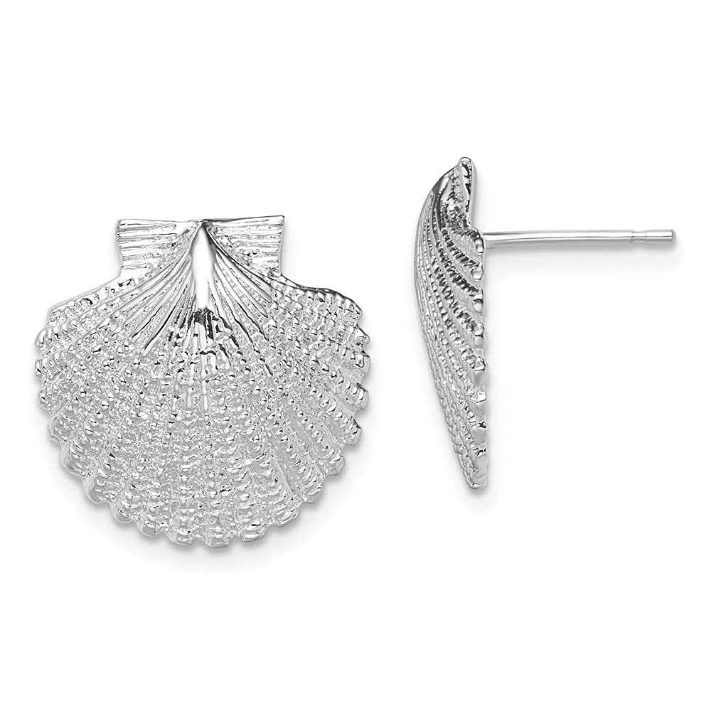 Diamond2Deal Sterling Silver Polished Large Scallop Shell Stud Earrings (L- 0.65 in, W- 0.63 in)