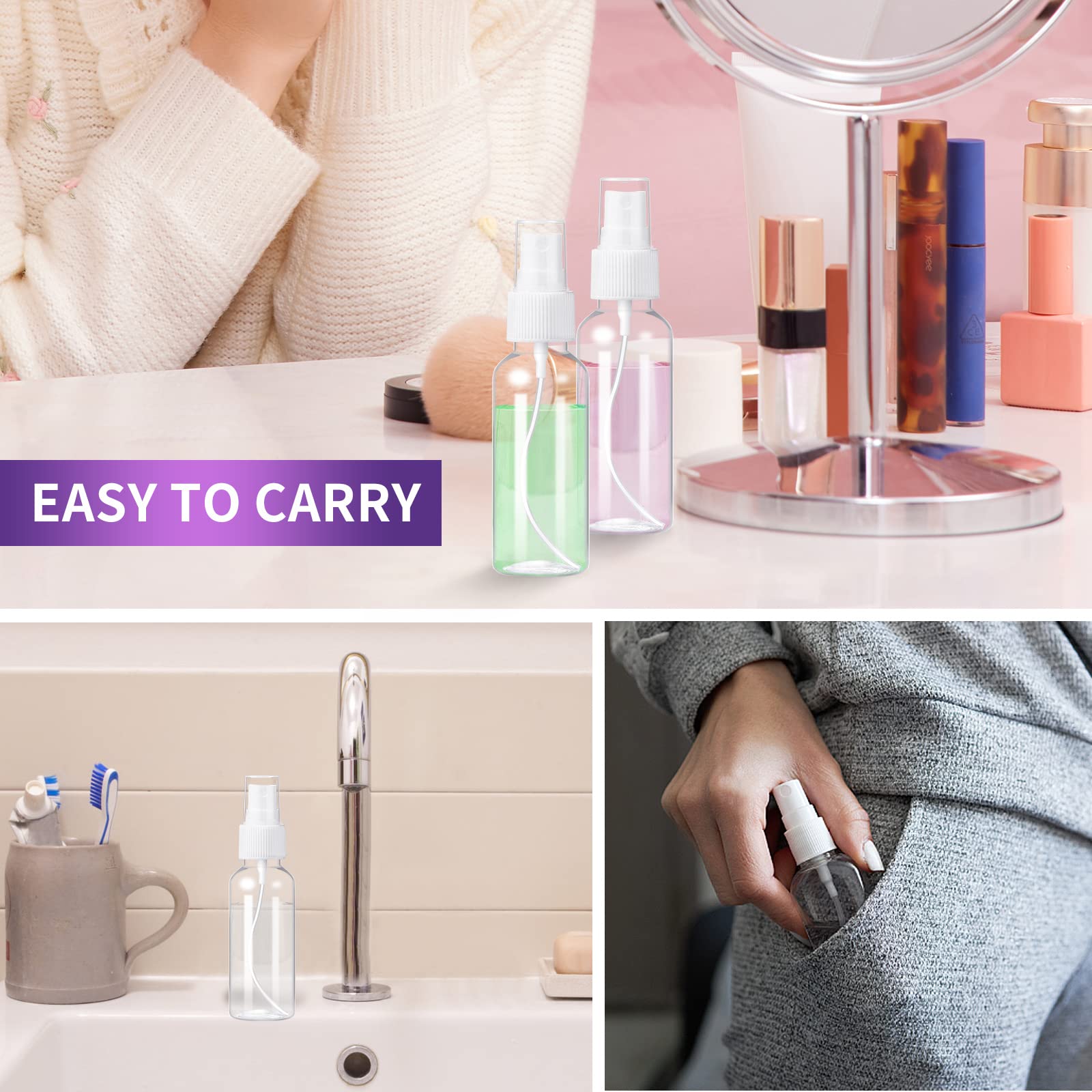 Mandydov 8 Pack Clear Empty Mini Little Spray Bottles, Fine Mist 2oz / 55ml Refillable Pocket Size Sprayer Plastic Mini Travel Bottle Set Makeup Bottles with 2Pcs Funnels and 4 Color Labels