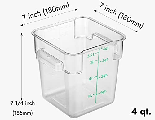 CURTA 4 Pack Food Storage Container with Green Lid - NSF Commercial Grade in 4.0 Qt - Square, Clear, Polycarbonate