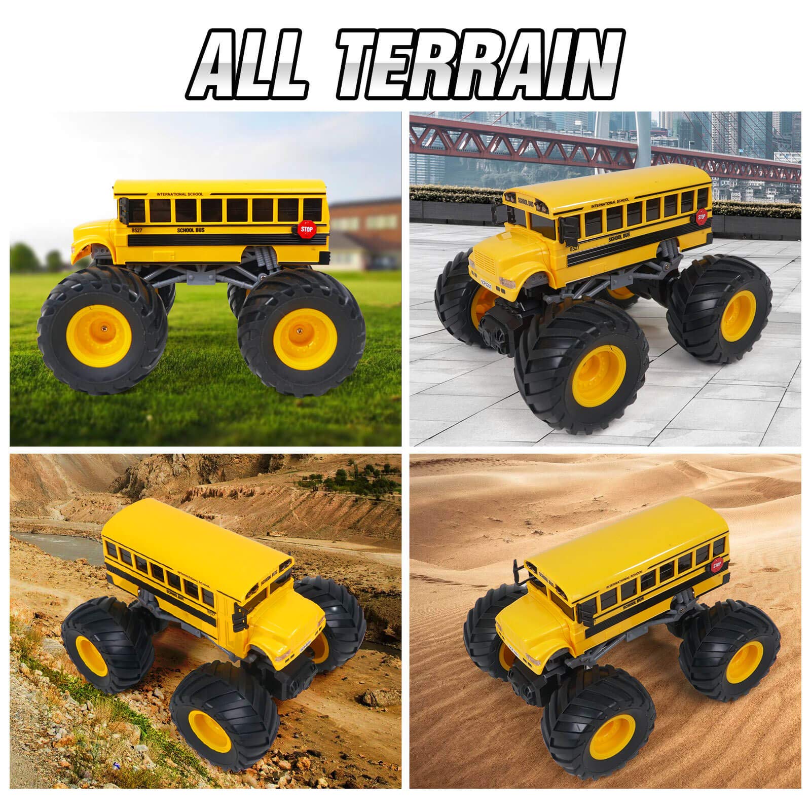 WOWRC Remote Control Fire Truck RC School Bus with Sounds Lights Rechargeable 2.4GHz Monster Trucks Toy for Kids, Boys, Toddlers (Yellow)