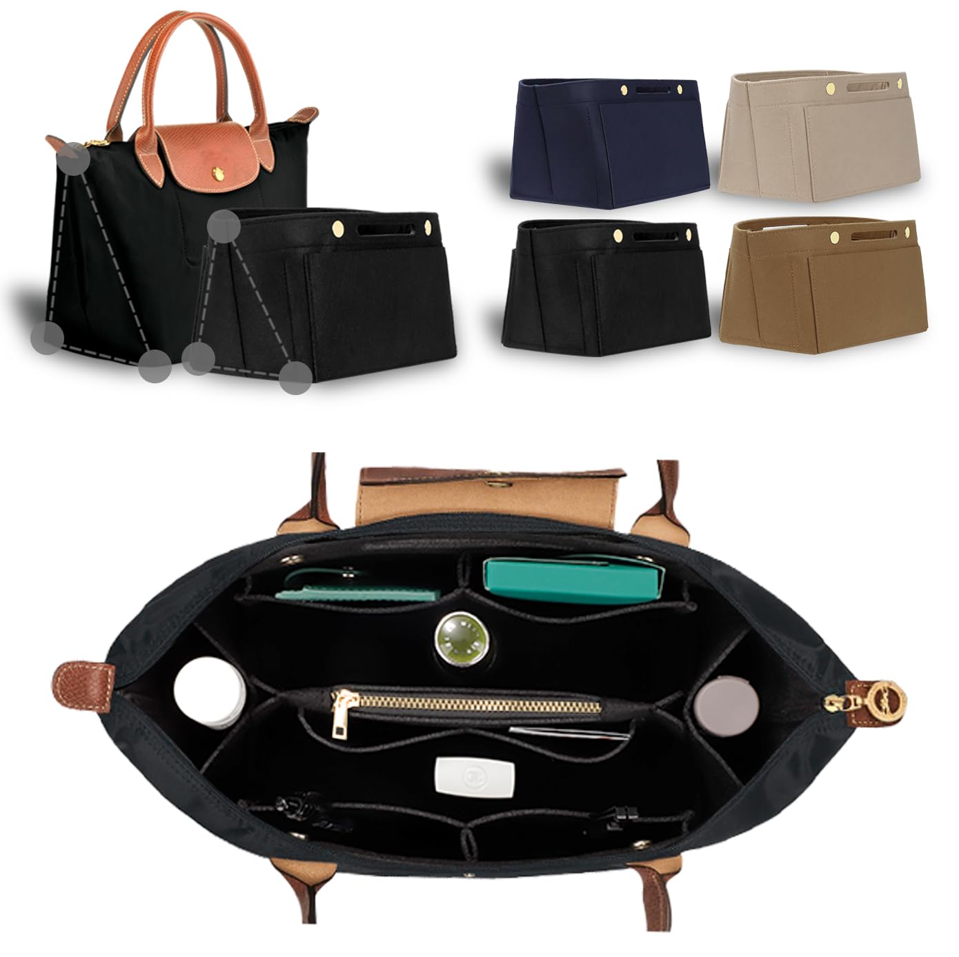 ETTP Purse Organizer Insert for le pliage Tote,Handbag Organizer Compatible with le pliage Shoulder Bag Large/Small,LE PLIAGE Top Handle Small/Medium (Black, Large)