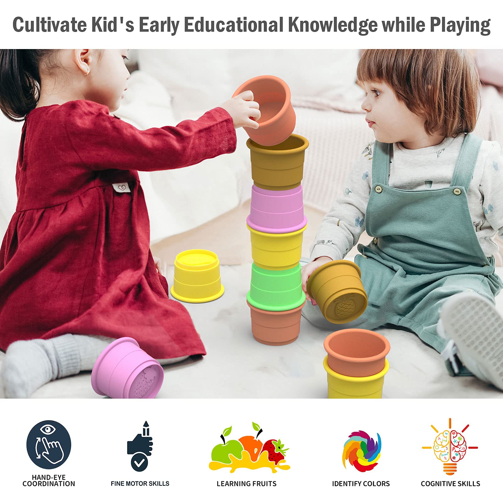 TYRY.HU Soft Silicone Stacking Cups Toy, 5 PCS Montessori Toys for 10+ Months Toddlers, Building Toys Nesting Cups Toys for Educational Develop Learning, Bathing Toy with Fruit Pattern, Colorful