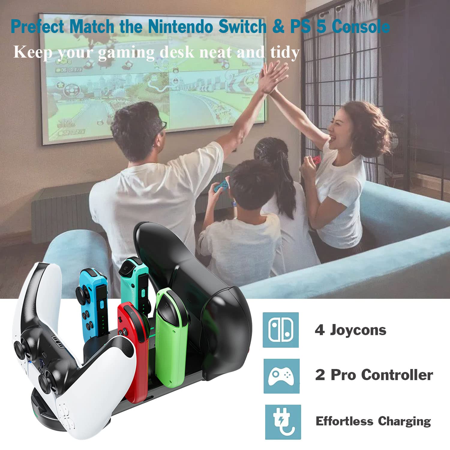 Controller Charging Dock Station Compatible with Nintendo Switch & OLED Model Joycons, 6 in 1 Charger Dock for Nintendo Switch Joy-Con and Pro Controllers