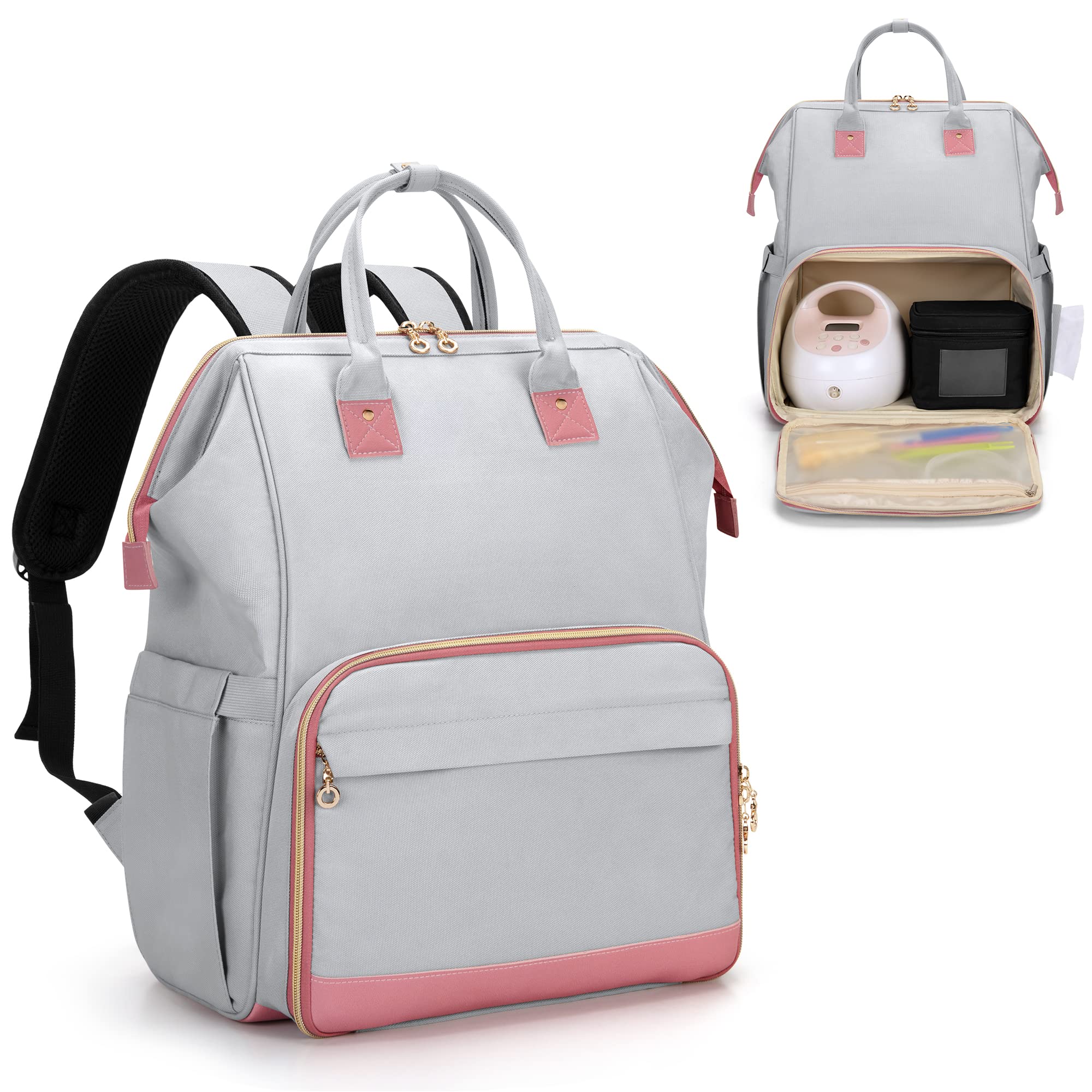 Fasrom Breast Pump Bag Backpack with Inner Divider, Pumping Tote Bag with Laptop Compartment for Working Moms, Gray with Pink (Empty Bag Only)