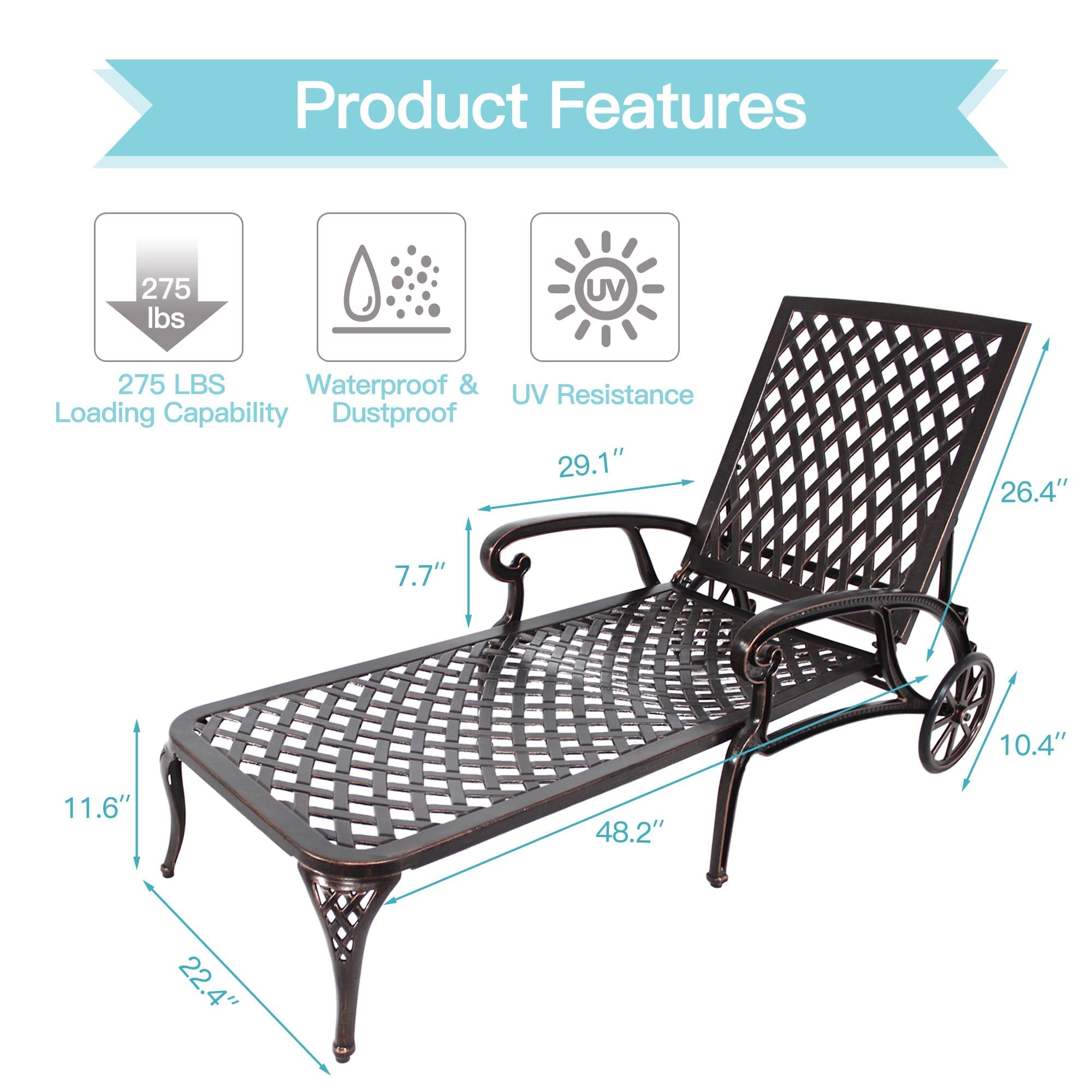 HOMEFUN Chaise Lounge Chair Outdoor, Pool Lounge Chairs Set of 2 Cast Aluminum Tanning Chairs with Adjustable Backrest and Moveable Wheels, Bronze