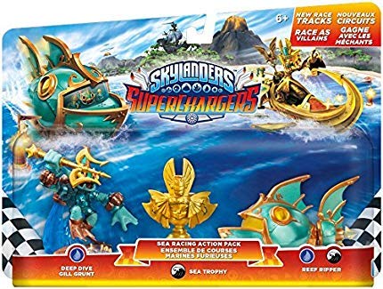 Skylanders SuperChargers 4 Pack Vehicle Starter Bundle! 4 Vehicles, 1 Trophy, 1 Character: Splatter Splasher , Burn-Cycle , Jet Stream and Deep Dive Gill Grunt, Reep Ripper Sea Trophy