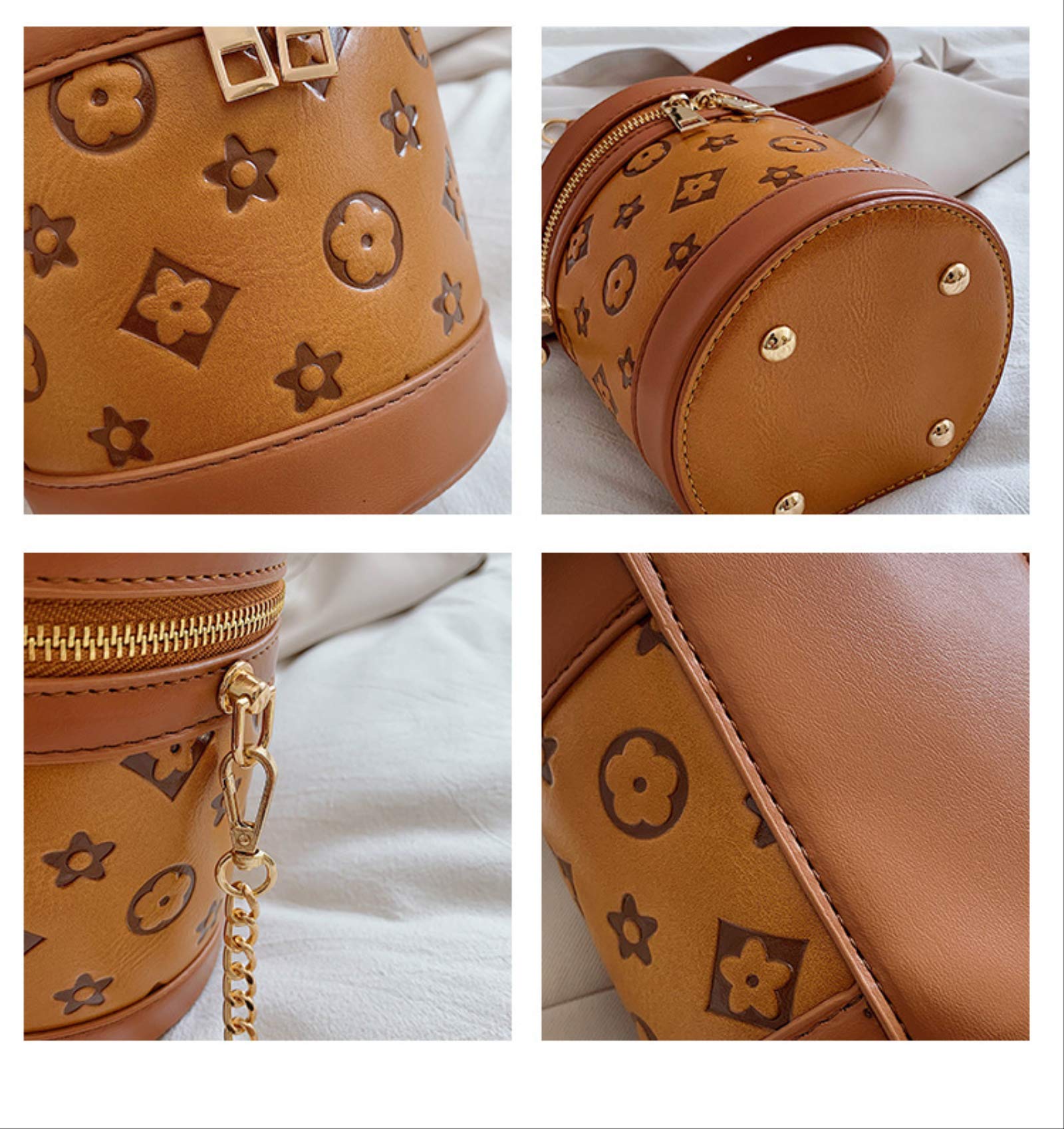 Women Fashion Print Chain Shoulder Bag Cylindrical Bucket Bag Coin Purse