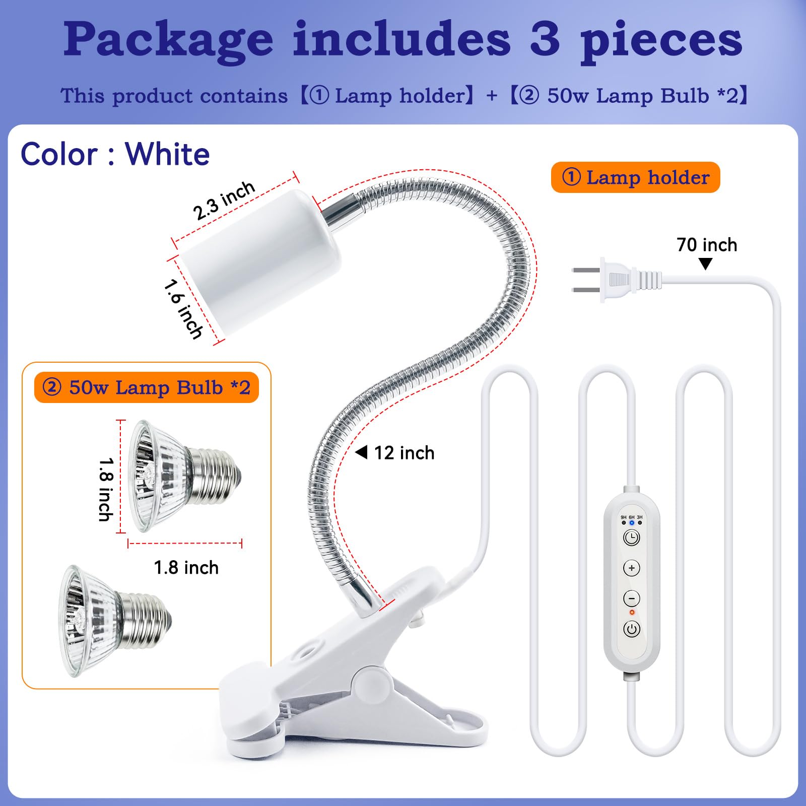 BINANO Timed Heat Lamp with Dual 50W UVB UVA Bulbs for Reptiles, Turtles, Tortoises, and Puppies: Adjustable Heat Switch, 360° Adjustable Angle, Strong Clips, Ideal for Aquarium Tanks and Basking