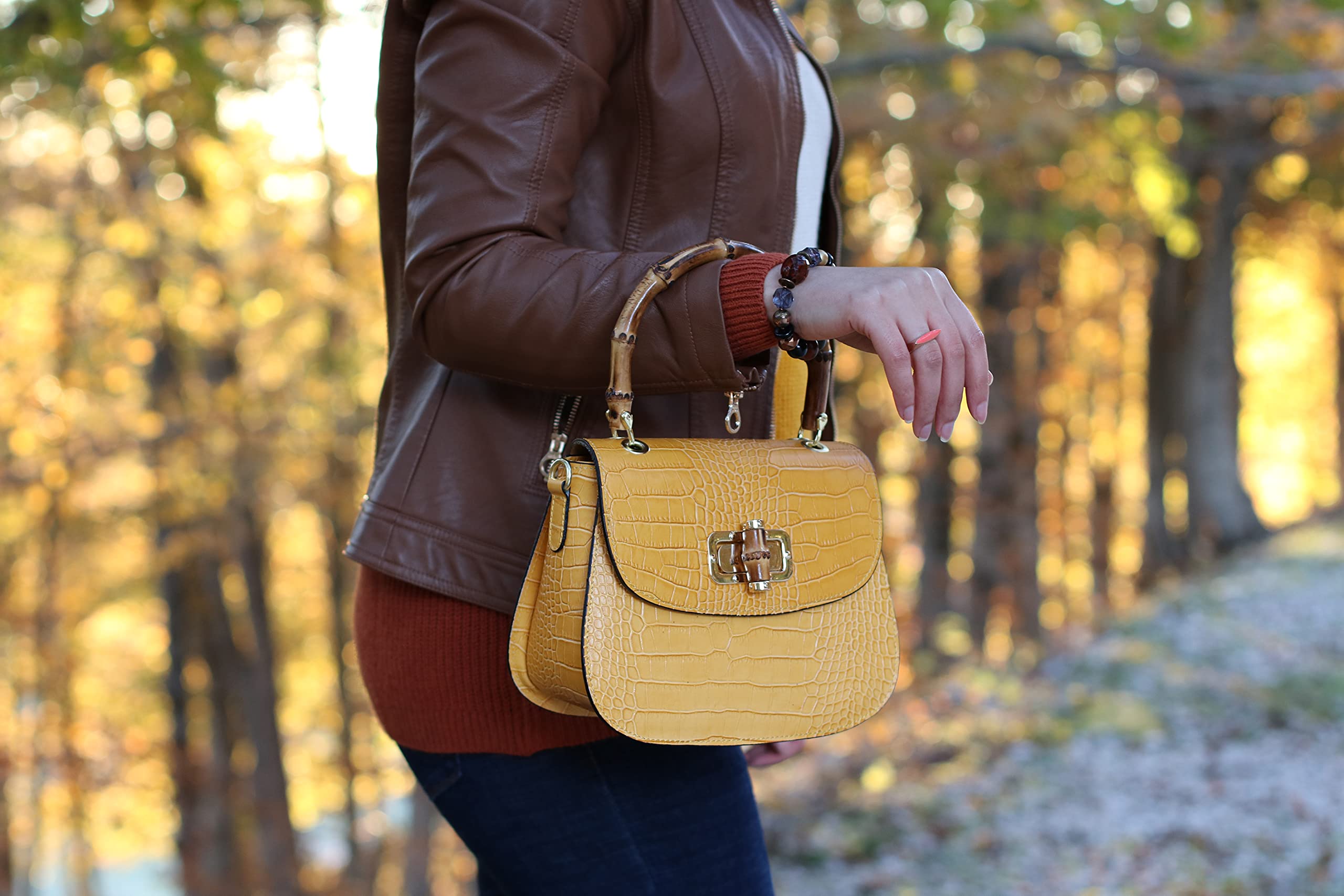 Women Handbag 100% Genuine Leather with Bamboo handle Crossbody bag Elegant bag Evening bag Gift for Women Handmade Made in Italy