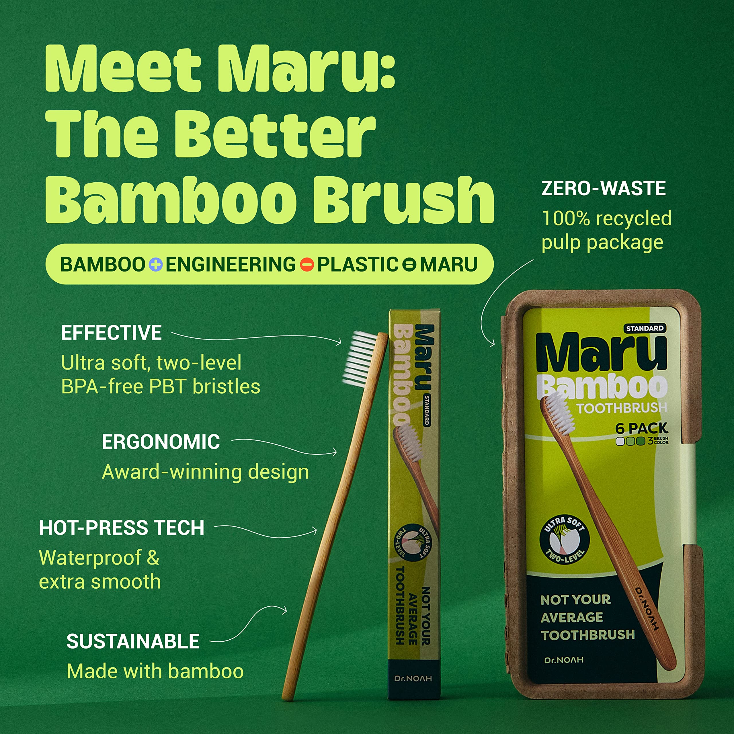 DR.NOAH Maru Bamboo Toothbrush Standard, 6 Pack | Long Tapered Bristles | Ultra Soft, Two-Level BPA Free Bristles | Waterproof & Durable Toothbrushes | Ergonomic Design | Zero Waste