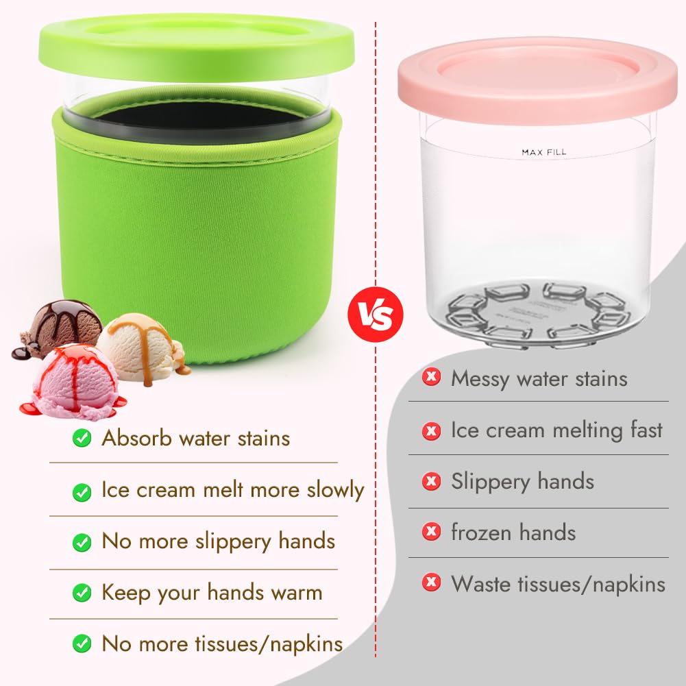 GINOYA Ice Cream Sleeve for Ninja NC301 Pints, 4pcs Reusable Insulated Neoprene Sleeves Accessories Compatible with NC300 NC299AMZ Series Ice Cream Maker Containers, 16Oz (Tups Not Included)