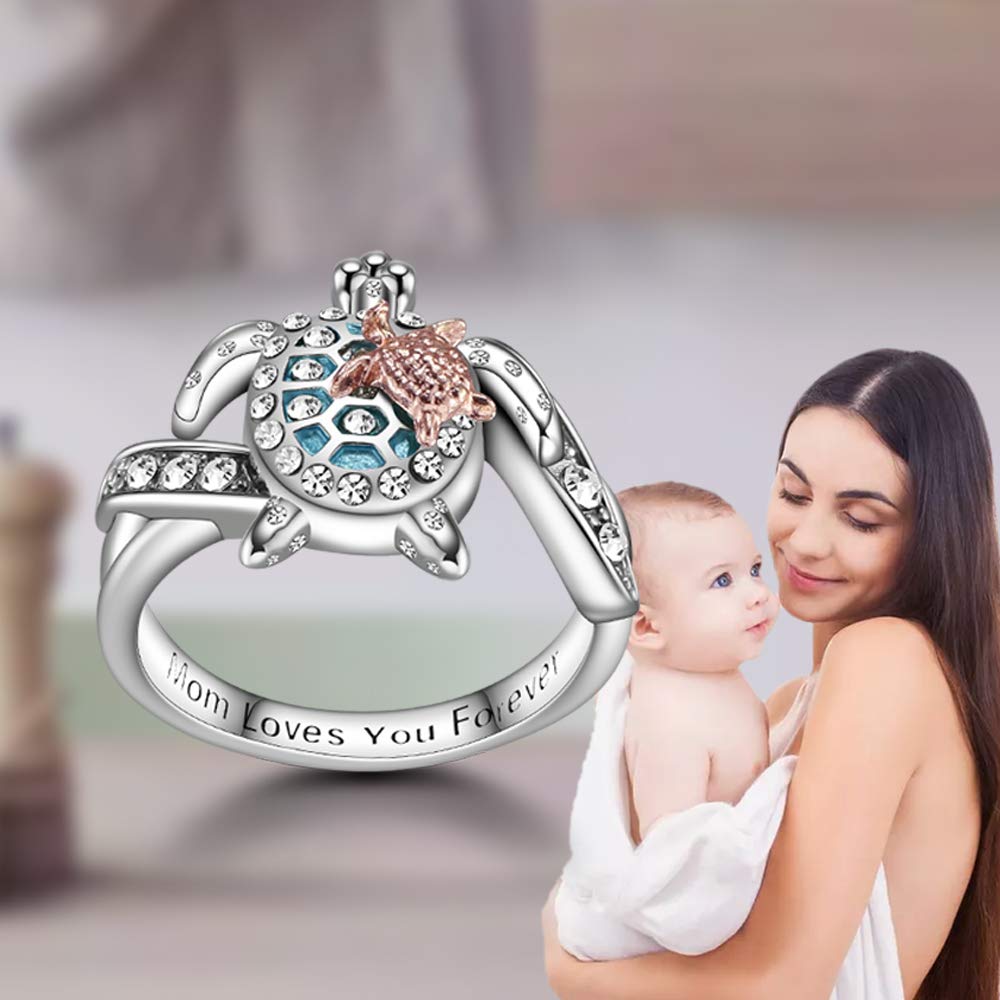 Daughter Mothers Ring with CZ Personalized Sea turtle Platinum Plating Rings for Mom Gift (JQWL) (Size:9)