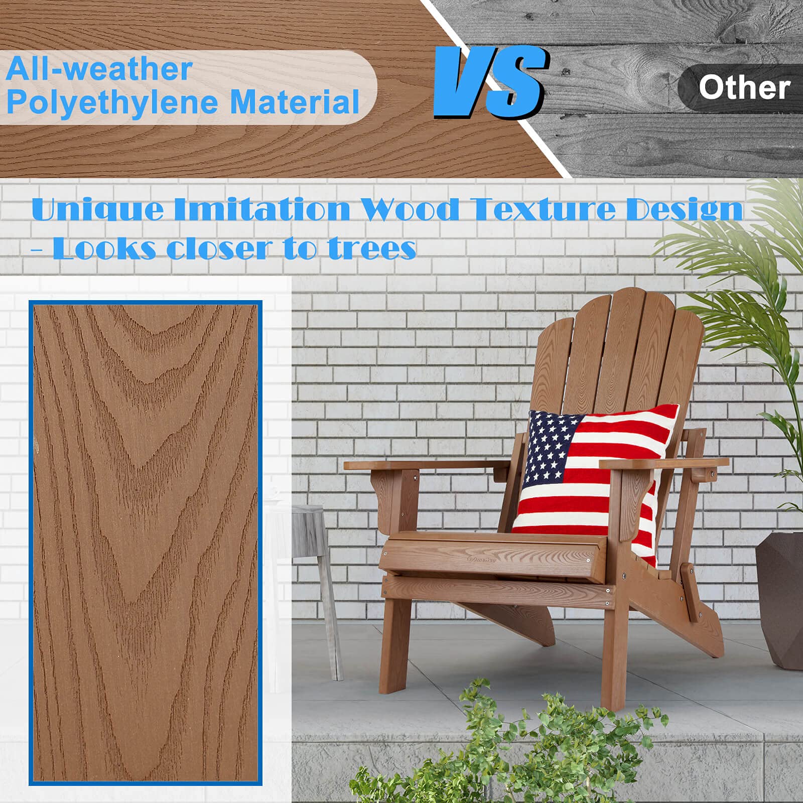 hOmeHua Folding Adirondack Chair Weather Resistant, Hard Plastic Imitation Wood Stripes Adirondack Chair, Easy to Fold Move & Maintain, Outdoor Chair for Patio, Backyard Deck, Fire Pit - Wood Color