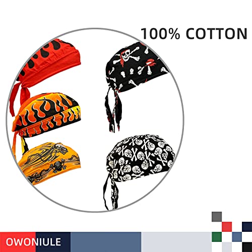 Cotton Doo Rag Skull Cap Sweat Wicking Head Wraps Pirate Hat Breathable Helmet Liner Flame Beanie Dew Rags for Men and Women (Skull and Flame)