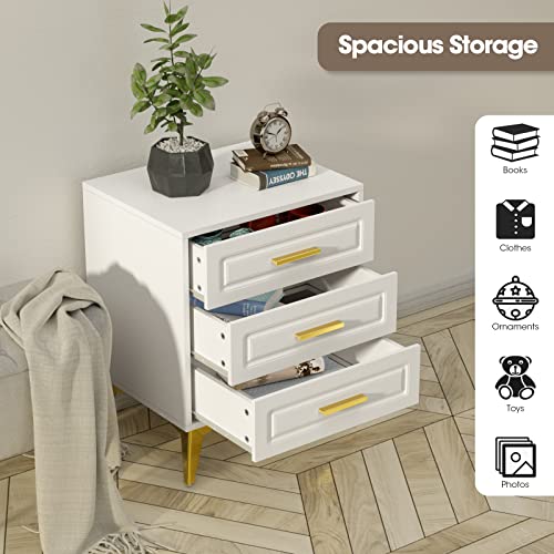 Giluta 3 Drawers Nightstand, Modern Bedside Table with Solid Metal Legs & Handles, White Gold Wood Chest of Drawers, Sofa End Side Table for Bedroom Living Room Hallway, 15.75" D x 19.7" W x 24" H