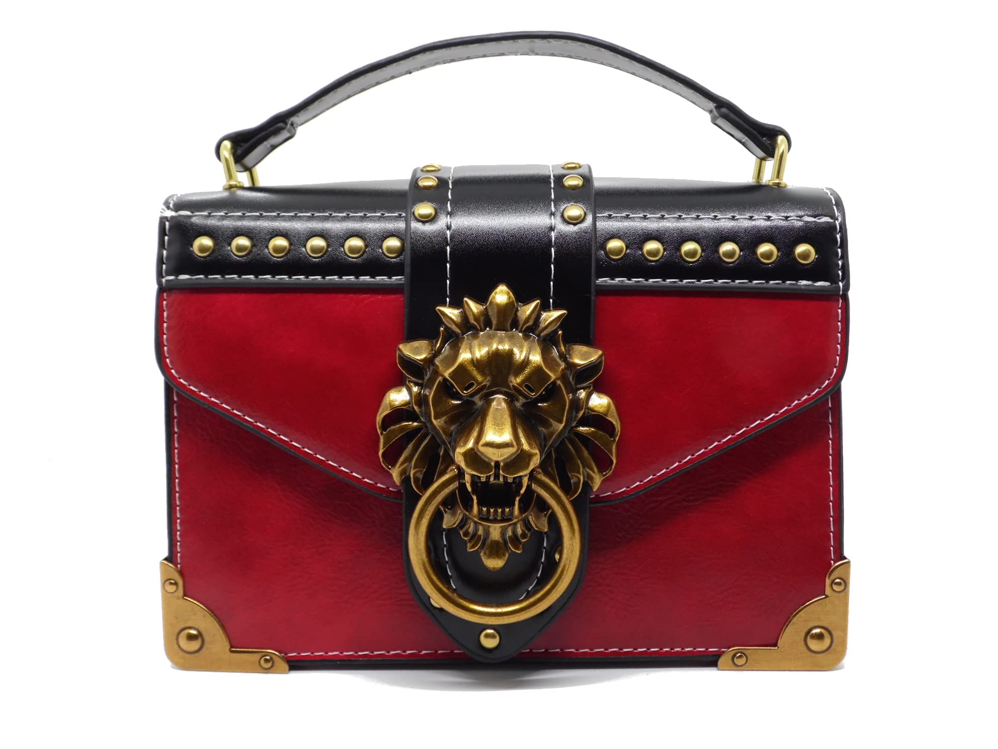 Women Vegan Faux Leather Regal Design Lion Head Handbag Crossbody Purse Bag (Red)