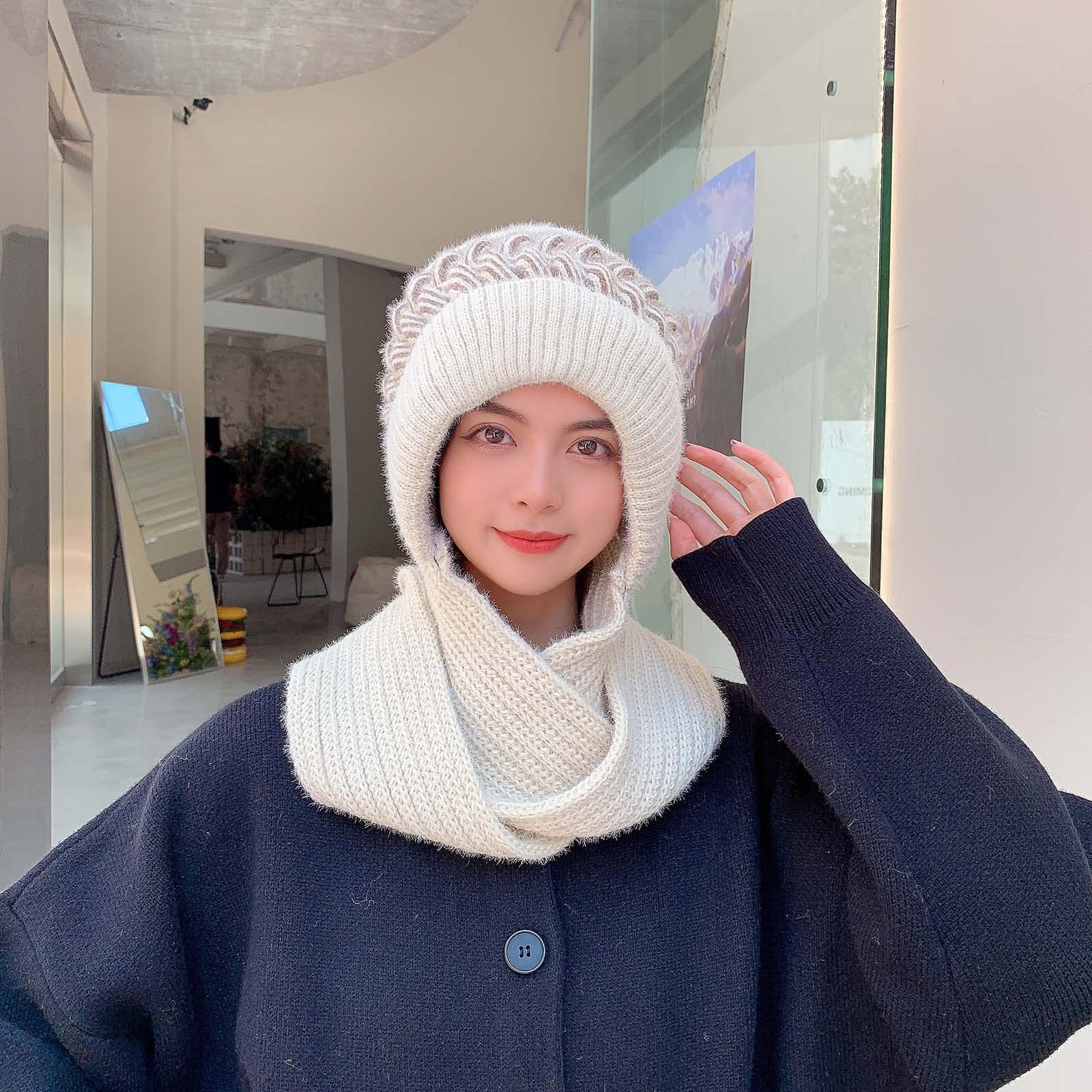 Cotton Ladies Women Winter Slouchy Knit Warm Hats Wool Cap Scarf Integrated Pullover Cap Cute Parent Child Knitted Hat