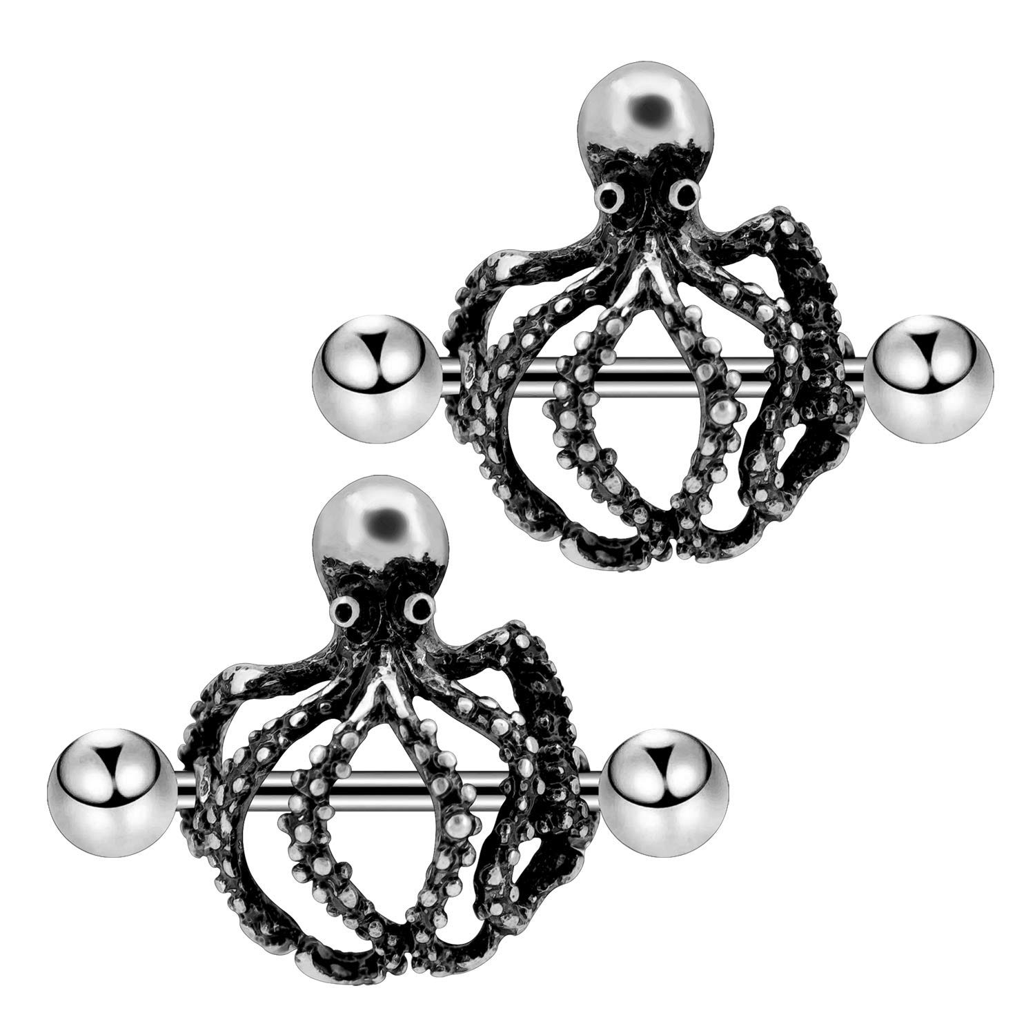 COCHARM 2PCS 14G Octopus Nipple Rings Nipple Piercing Jewelry for Women 14mm Short Nipple Shield Stainless Steel