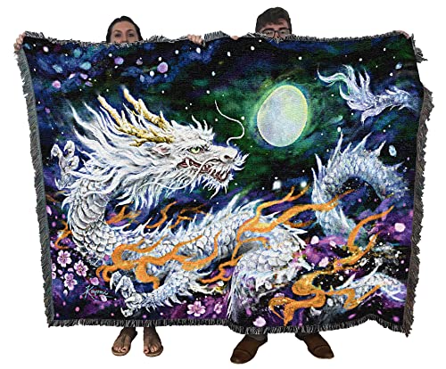 Pure Country Weavers White Dragon and The Moon Blanket by Kayomi Harai - Fantasy Gift Tapestry Throw Woven from Cotton - Made in The USA (72x54)