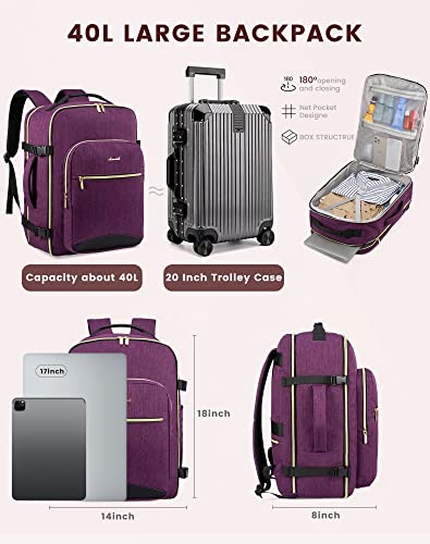 LOVEVOOK Large Travel Laptop Backpack Women, 40L Flight Approved Carry on Backpack Waterproof 17.3inch Luggage Daypack Business Weekender Overnight Backpacks Bag with 3 Packing Cubes, Purple