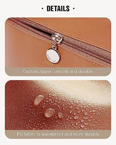 EACHY Travel Makeup Bag,Large Capacity Cosmetic Bags for Women,Waterproof Portable Pouch Open Flat Toiletry Bag Make up Organizer with Divider and Handle (Large-Brown, Large)