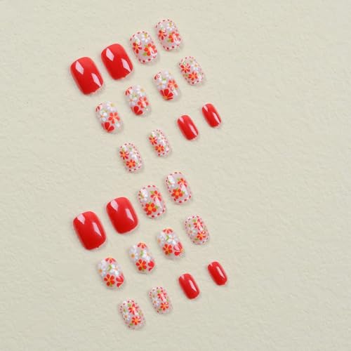 KKUUOO French Tip Press on Nails Square Fake Nails Medium False Nails with Colorful Flower Designs Cute Press on Nails Full Cover Acrylic Nails Stick on Nails Glossy Glue on Nails for Women 24Pcs