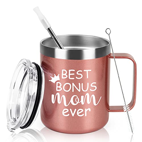 GINGPROUSĀ Mother'sĀ DayĀ Gifts for Mom, Best Bonus Mom Ever Birthday Gifts for Women Bonus Mom Mother New Mom to Be from Daughter Son, 12 Oz Insulated Stainless Steel Insulated Travel Mug, Rose Gold