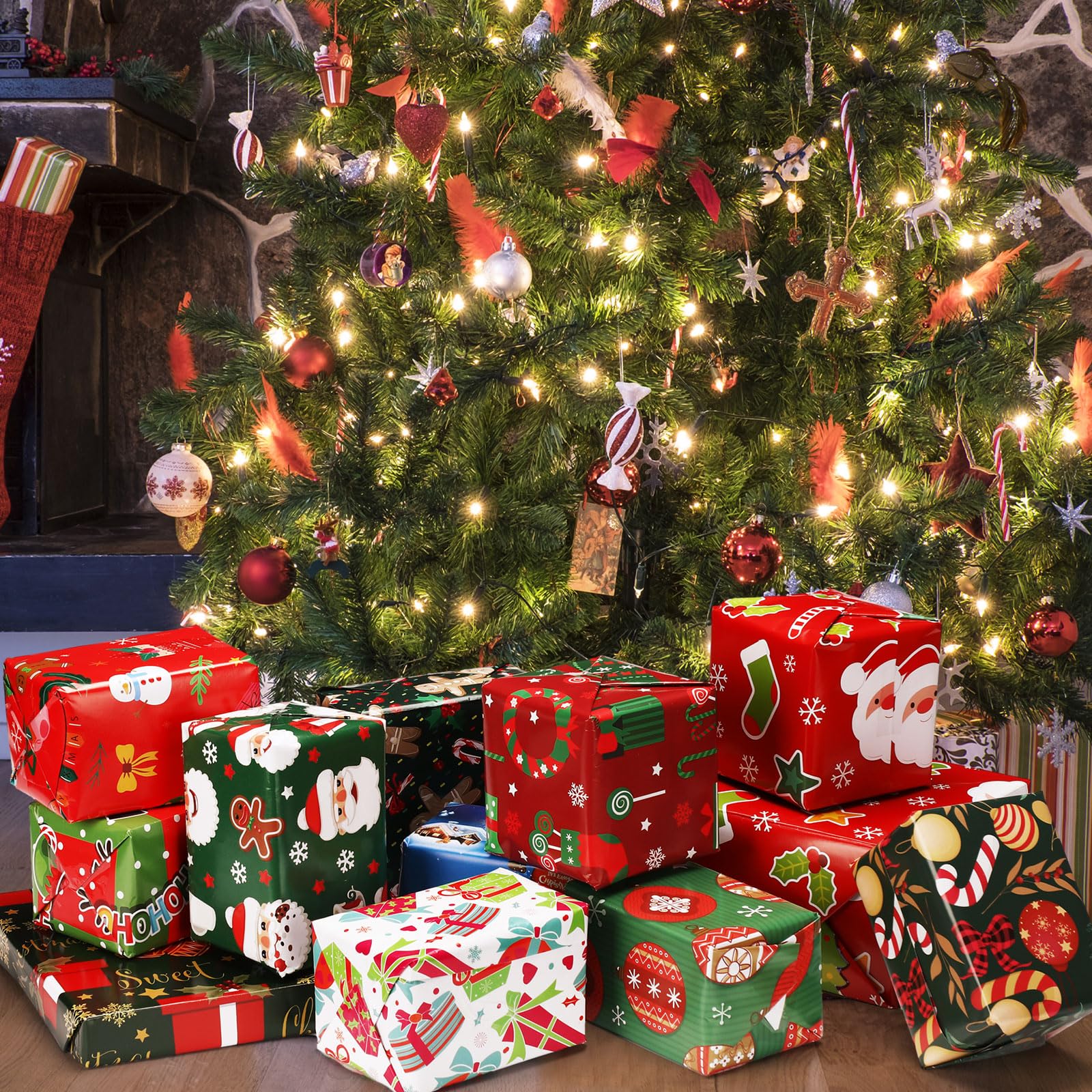 Cholemy 72 Sheets Christmas Gift Wrapping Papers 20" x 29" Holiday Santa Candy Canes Tree Snowflakes 24 Designs Gift Wrapper Folded Xmas Wrapping Sheets for Holiday, Party, Celebration, Folded Flat