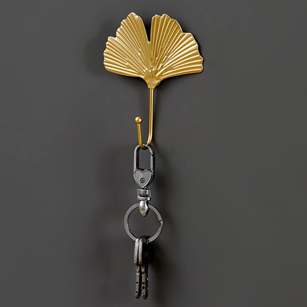 Decorative Leaves Iron Hooks, Set of 4 Leaf Shaped Self Adhesive Wall Shower Curtain Coat Hooks, Modern Key Holder Wall Mounted Metal Iron Gold Single Prong Coat Hanger for Hallways, Living Room