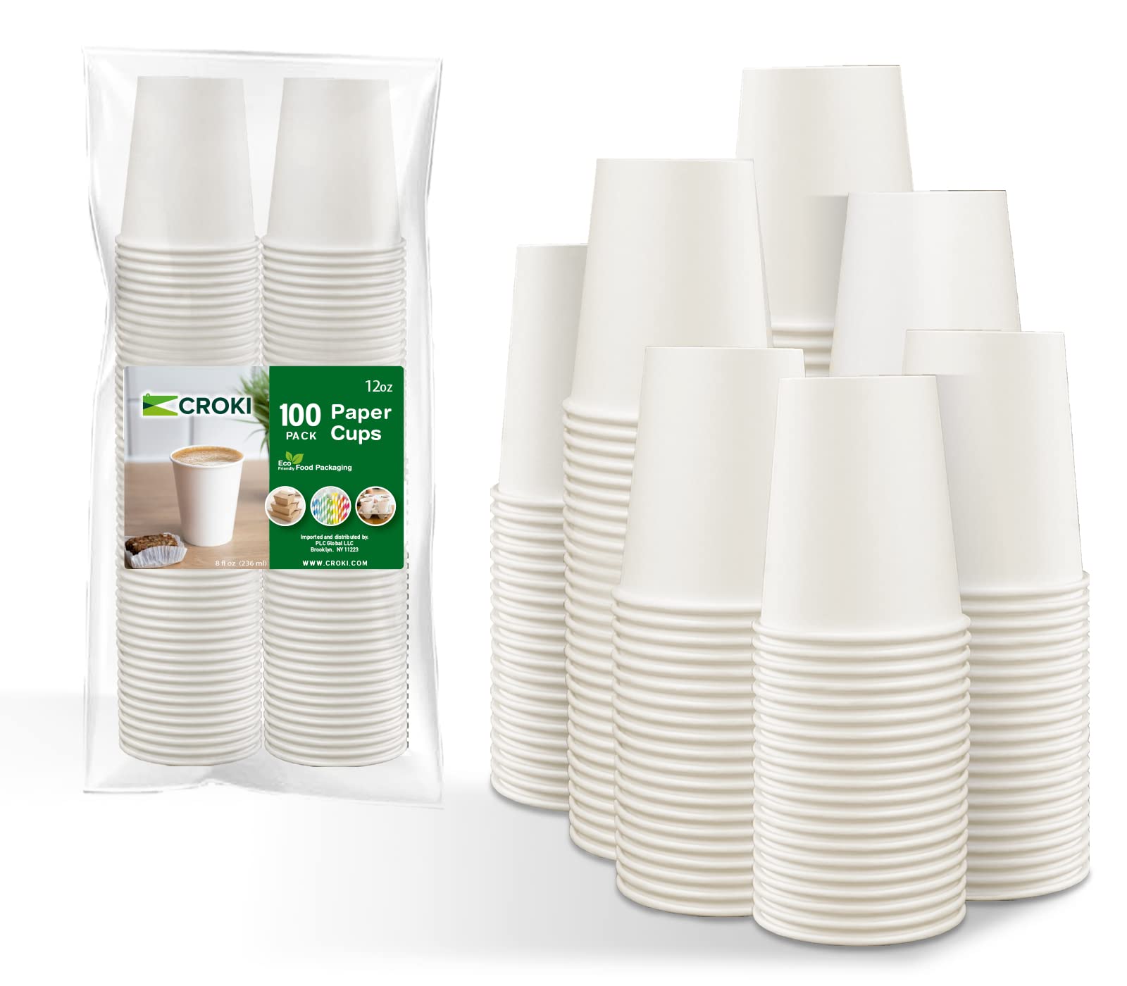 Croki 12 oz. White Paper Coffee Cups - 100 Count - Disposable Hot/Cold Beverage Drinking Cups Ideal for Coffee, Tea, Water, Juice