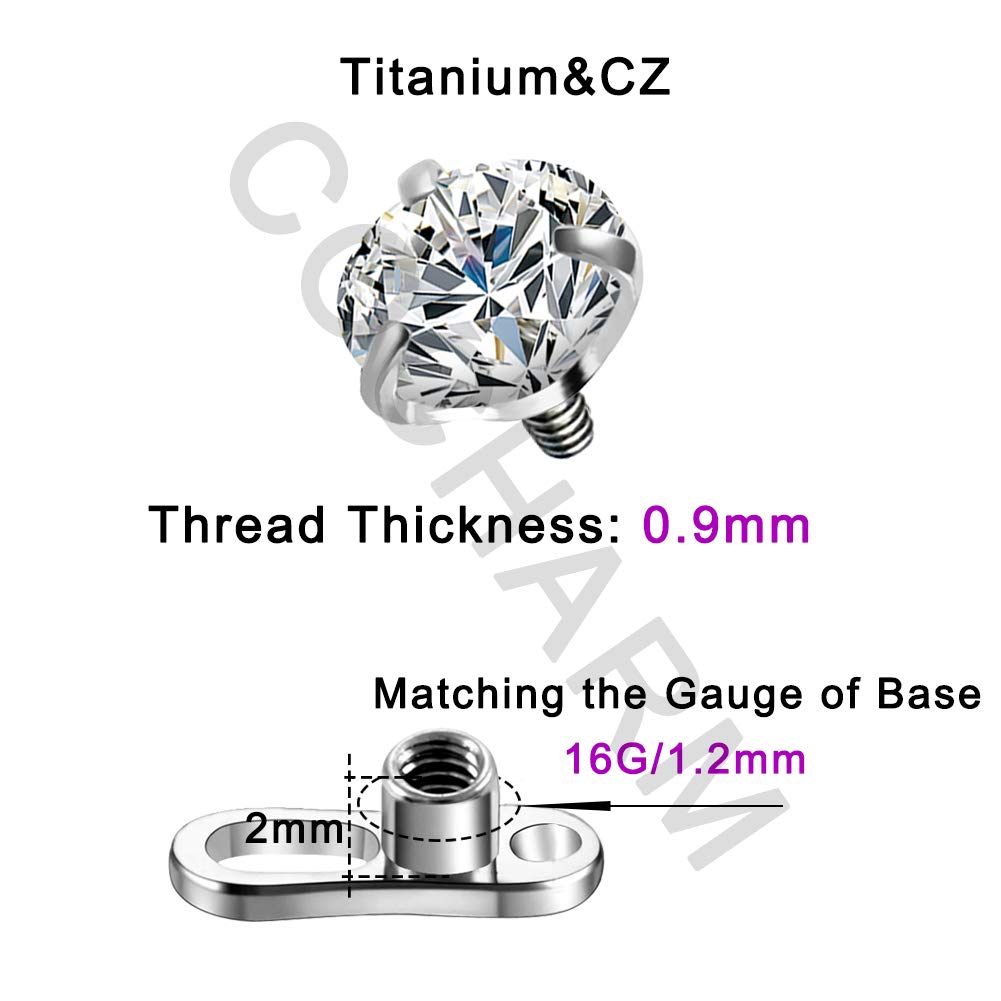 COCHARM G23 Solid Titanium 0.9mm Dermal Piercing Jewelry for 16G Back Dermal Tops 3mm CZ Cubic Zirconia Dermals