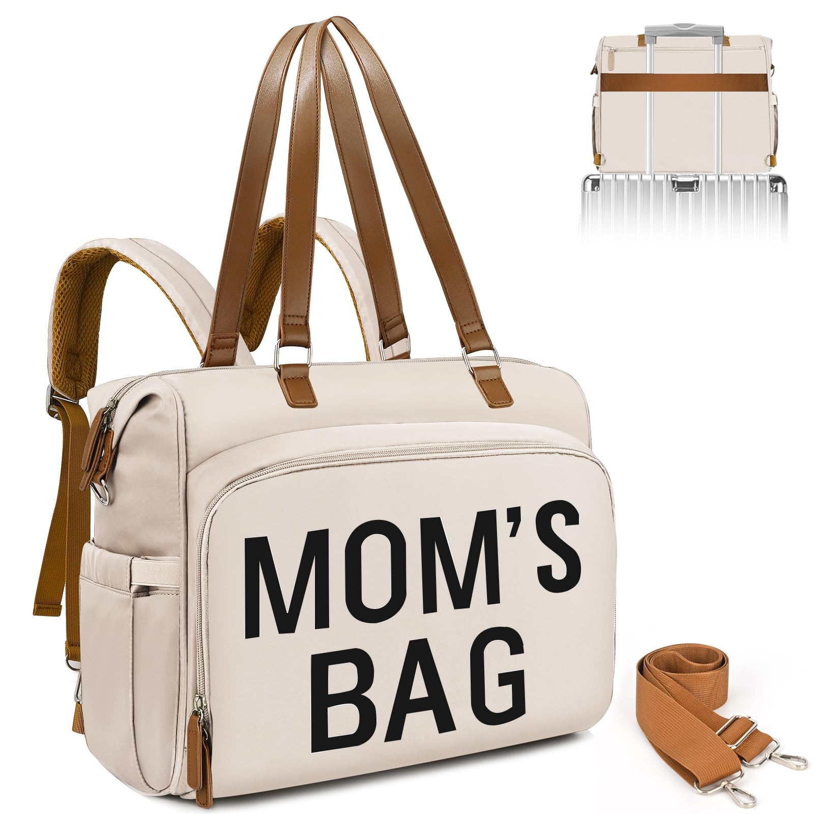 Diaper Bag Backpack Baby Bag, 4 in 1 Diaper Bag Tote, Mom Bag for Hospital with 14 Pockets, Diaper Tote Bag for Labor & Delivery, Large Waterproof Baby Travel Bag with 3 Insulated Pockets, Beige