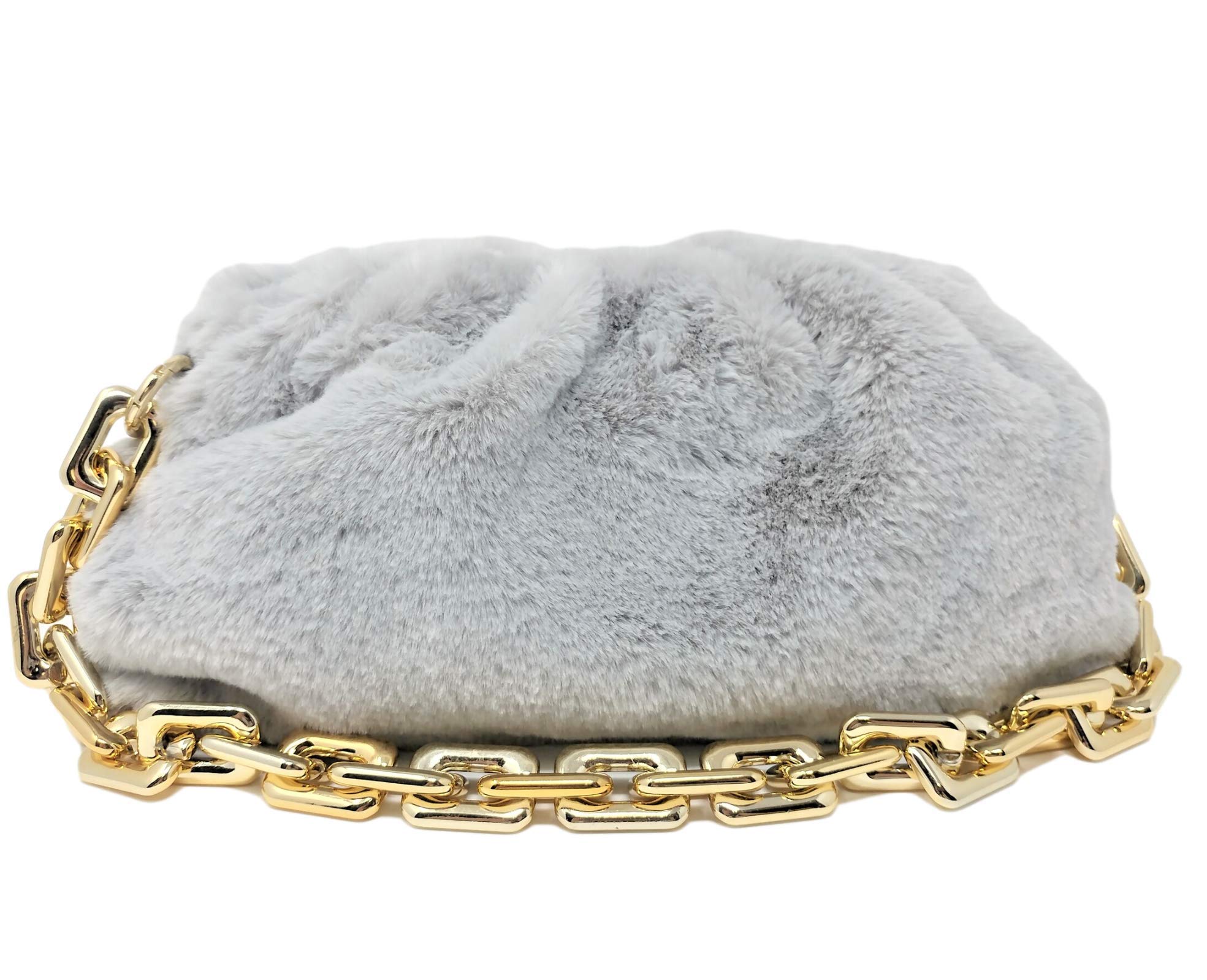 Women’s Dumpling Chain Pouch Bag | Cloud-Shaped Faux Fur Clutch Purse | Aluminum Chain Link Shoulder Ruched Handbag (Medium, Grey)