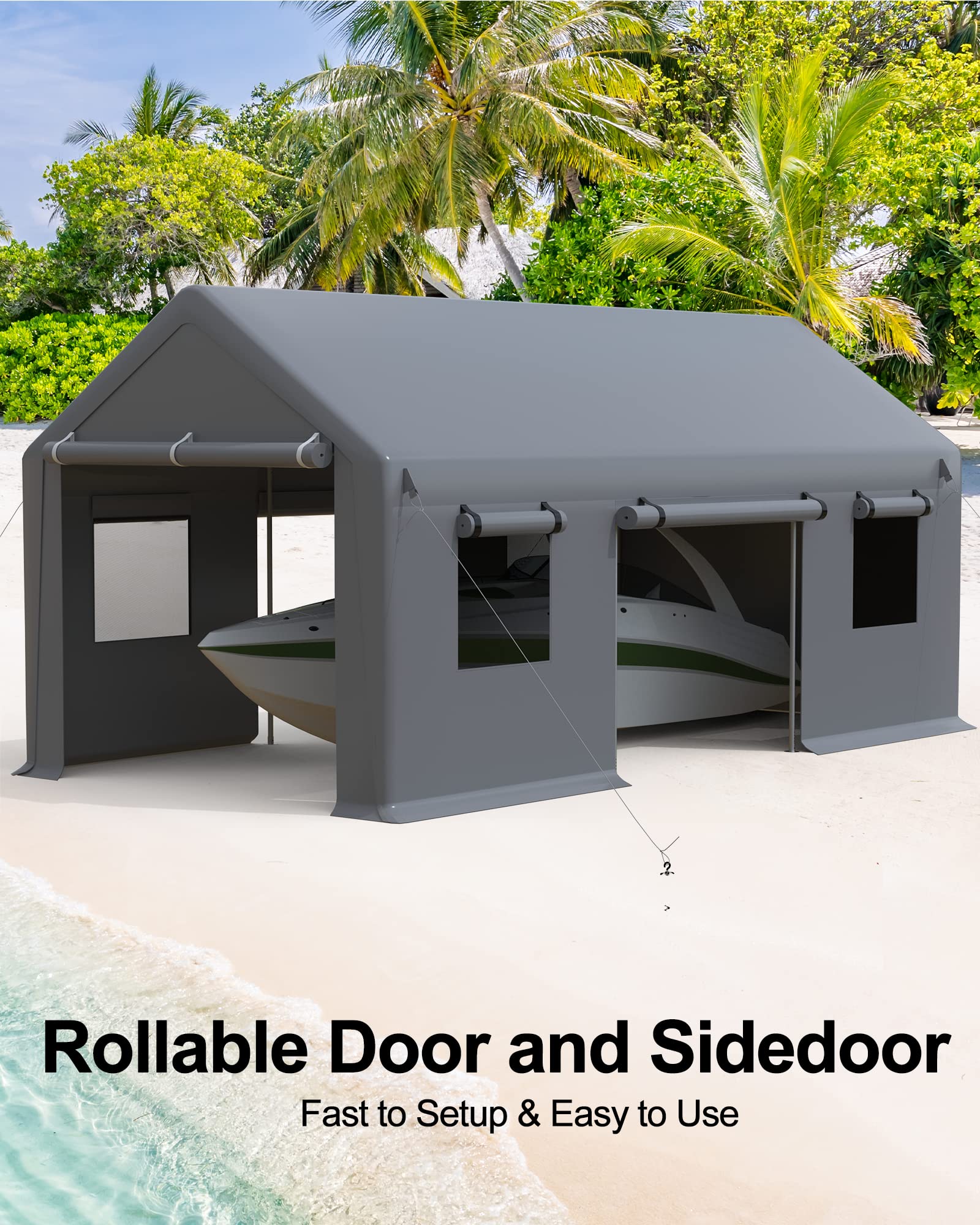 DEXSO Carport 10'x20' Heavy Duty Steel Canopy Height Adjustable & Portable Garage with Roll-up Ventilated Side Doors & Windows for Truck Boat Car Port, Party, Equipment Placement, Grey