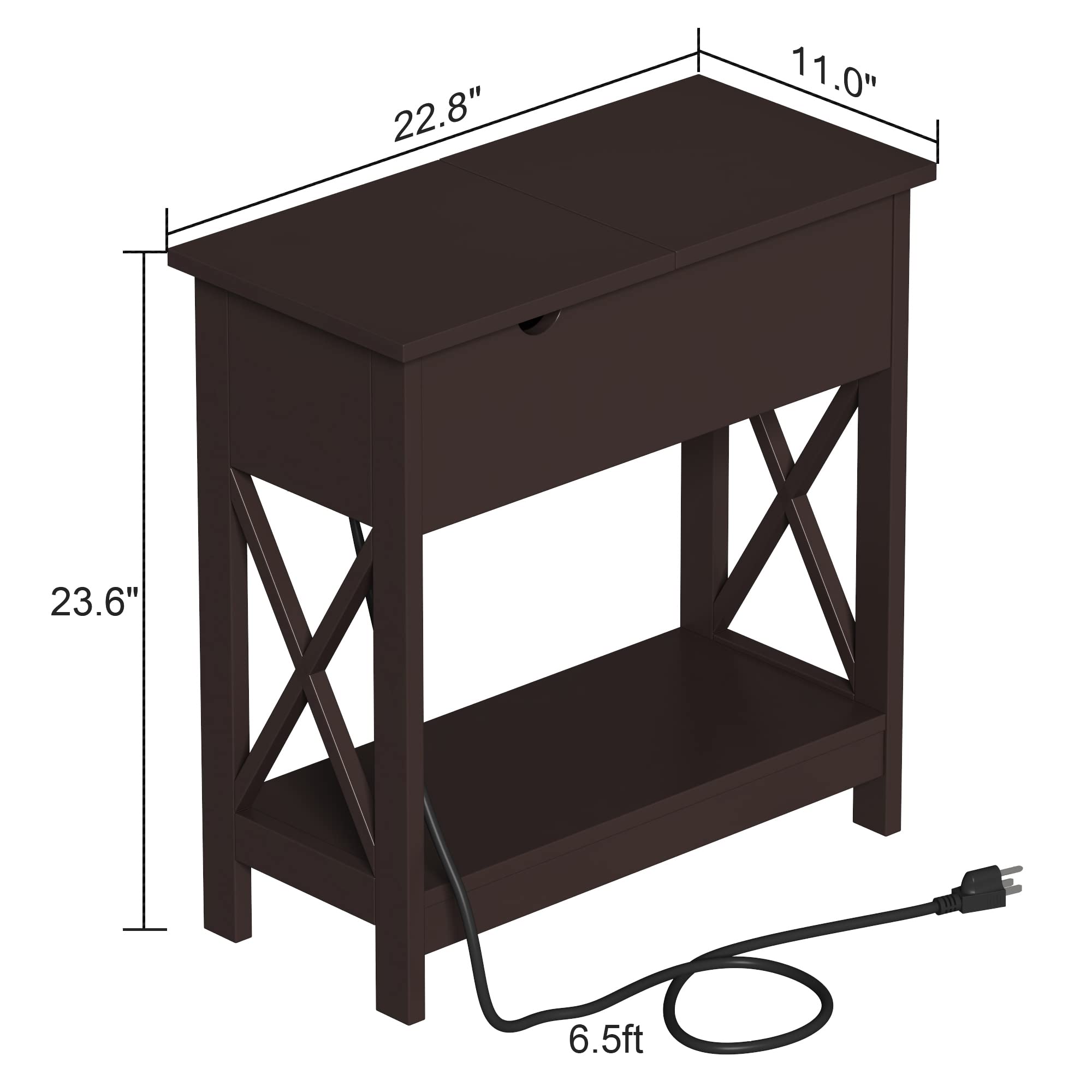 ChooChoo End Table with Charging Station, Narrow Flip Top Side Table with USB Ports & Power Outlets for Small Spaces, Bedside Table with Storage, Nightstand Sofa Table Living room, Bedroom Espresso