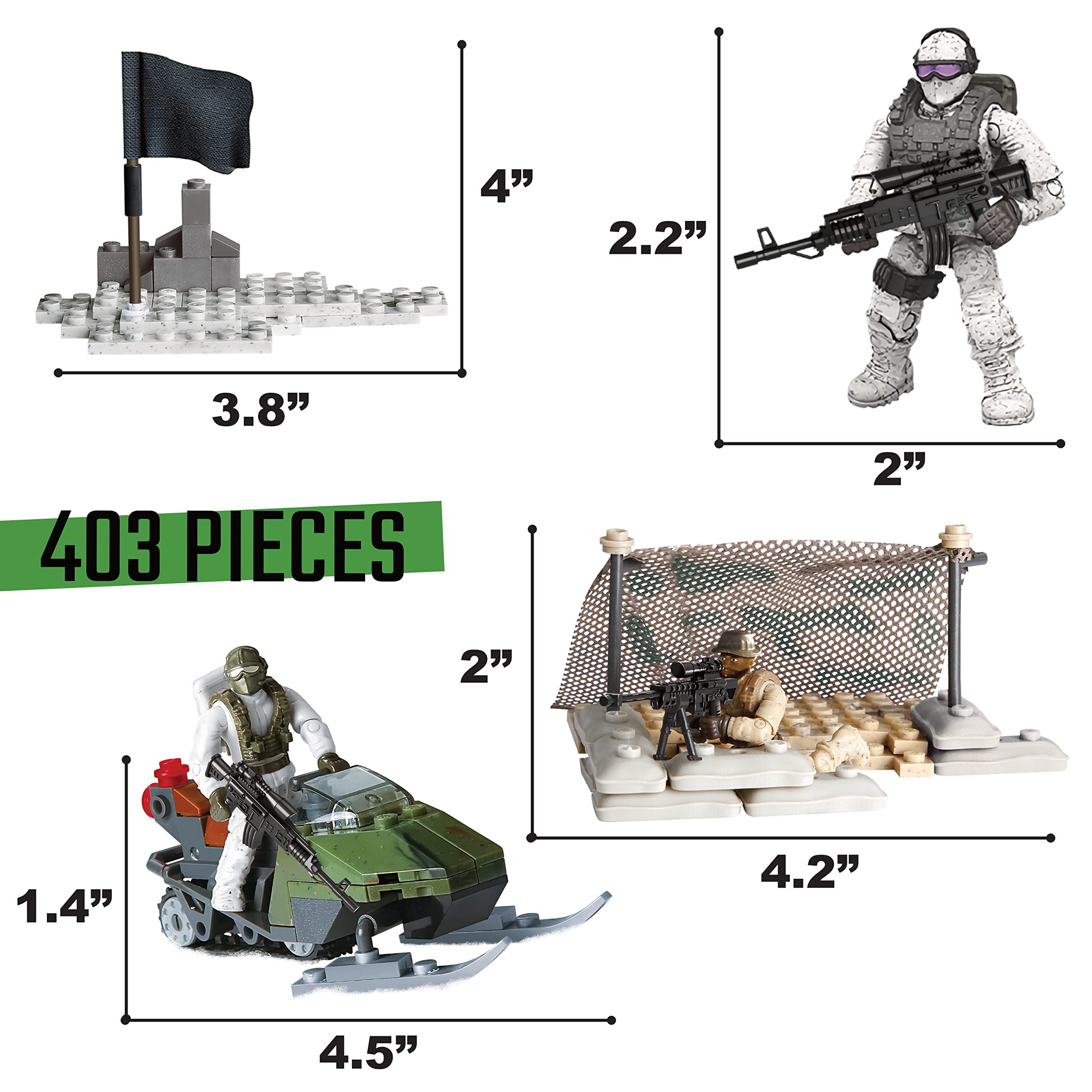 Special Forces Mini Action Figures Includes 3 Army Building Sets with 9 soldiers Arctic Troopers Snowmobile Scout Desert Squad Special Troops Toy Gifts 10+ Kids & parents - Quality Family Time 403 Pcs