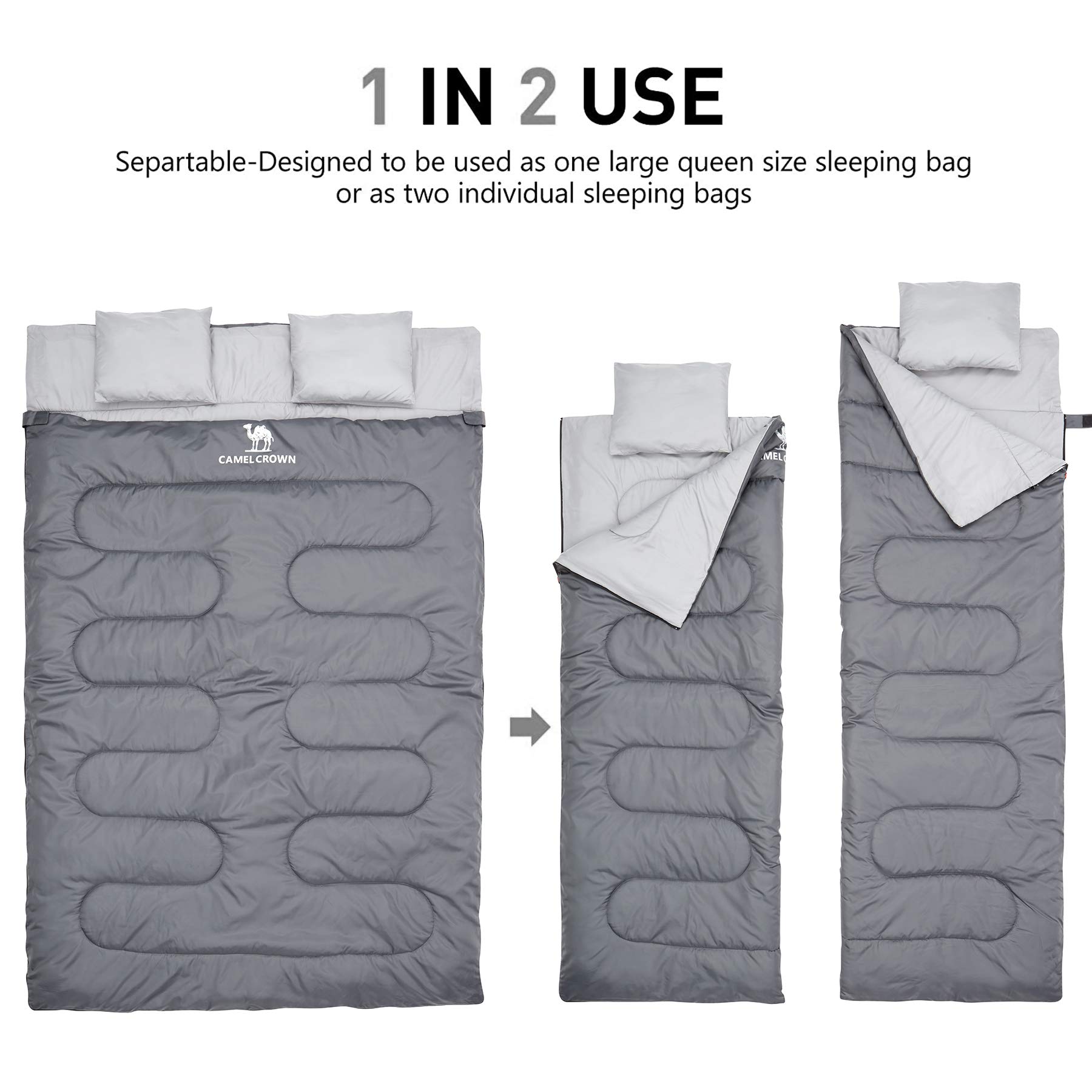 CAMEL CROWN Double Sleeping Bag - 4 Seasons Warm Cold Weather, Portable, Backpacking Hiking Camping Bag with Pillow for Camping & Adventures
