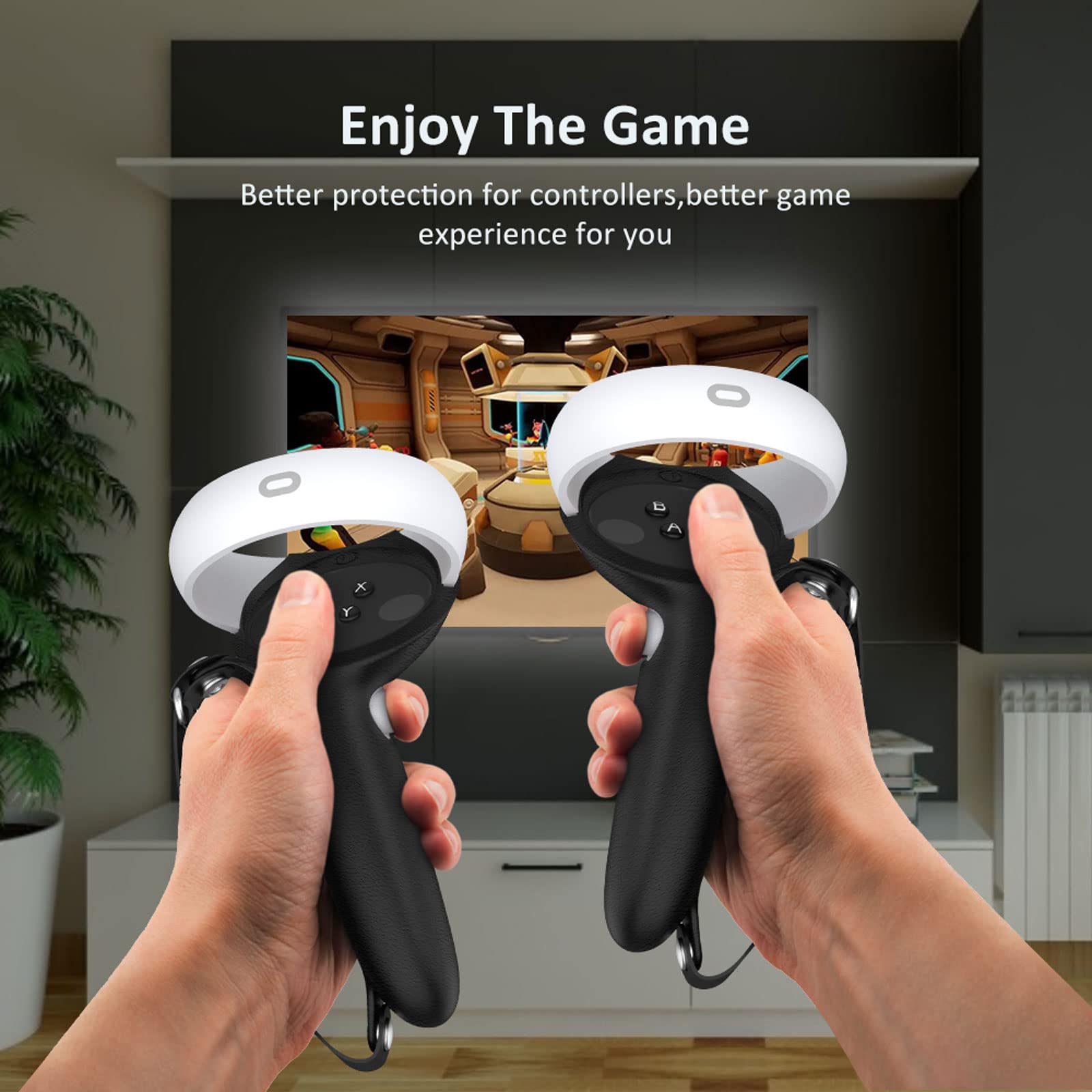 Controller Grips Cover for Oculus Quest 2, Extended Controller Hand Strap with Adjustable Knuckle Handles for Boxing and Star Wars, Controller Protector for Meta/Oculus Quest 2 Accessories (Black)