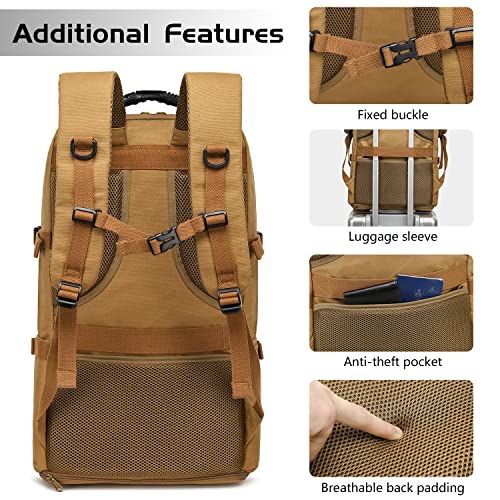 TUGUAN 50/60L Travel Backpack, Laptop Backpack for Men Large Capacity Outdoor Tactical Hiking Backpack with Shoe Compartment Expandable Canvas Rucksack for Travel Camping Climbing, Brown