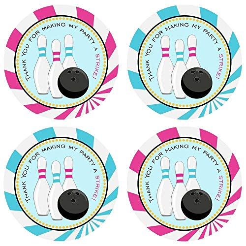 Girl Bowling Party Thank You Sticker Labels by Adore By Nat - Kids Entertainment Sports Birthday Favors- Set of 30