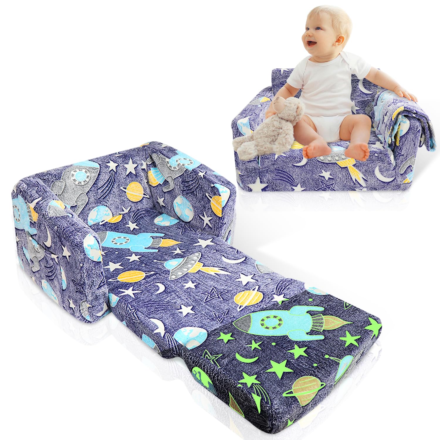 Kirumie Kids Couch Glow in The Dark, Toddler Couches That Fold Out, 2-in-1 Convertible Sofa to Lounger, Soft Kids Sofa with Blanket, Toddler Chair Comfy Sofa for Baby Boys Girls, Space & Blue