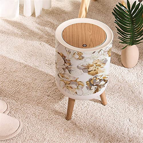 Small Trash Can with Lid Seamless with a Gold Hydrangea and Cherry Flowers Round Recycle Bin Press Top Dog Proof Wastebasket for Kitchen Bathroom Bedroom Office 7L/1.8 Gallon