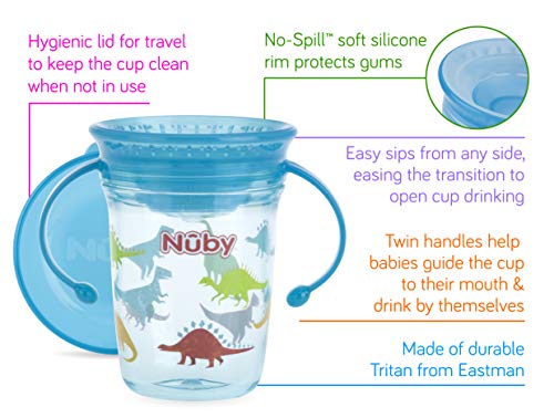 Nuby Tritan No Spill 2 Handle 360 Degree Printed Wonder Cup, Prints May Vary, 1pk
