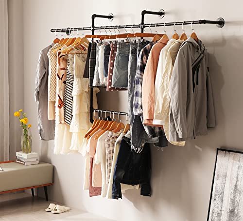 Industrial Clothing Racks Garment Racks – Wall Mounted Pipes Clothes Racks with Four Hanging Rods, Heavy Duty Garment Racks, Industrial Steampunk Closet Organizer Hall Tree (Metal Pipes-Black)
