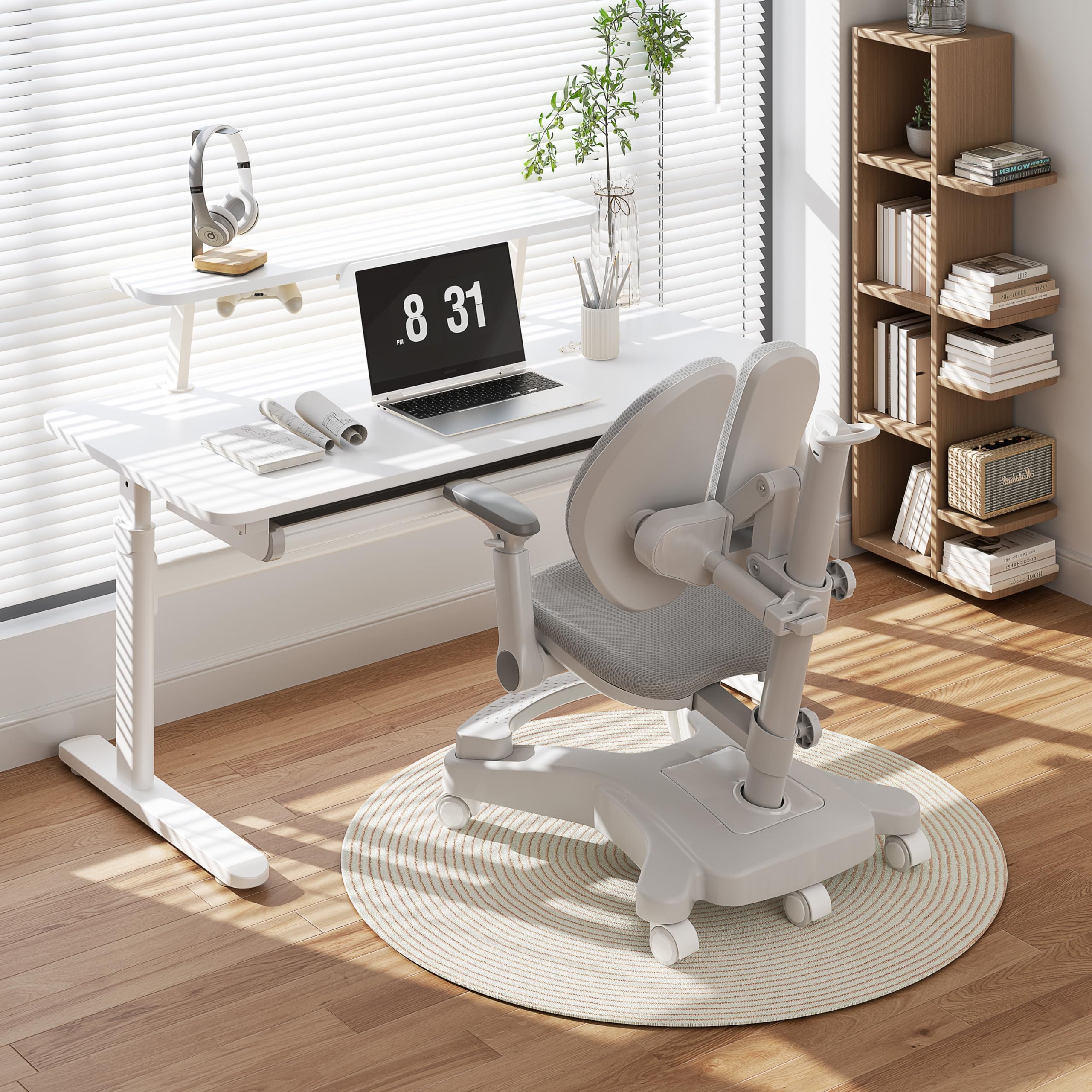 Fosheni Versatile Children's Adjustable Study Desk with Detachable Bookshelf - Height-Adjustable [47" x 23"] Workstation for Kids - Tilting Desktop, Storage Drawer, Ergonomic Design, Woodgrain