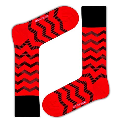 Love Sock Company organic cotton mid calf men's red and black stripe dress socks Zig Zag (red)